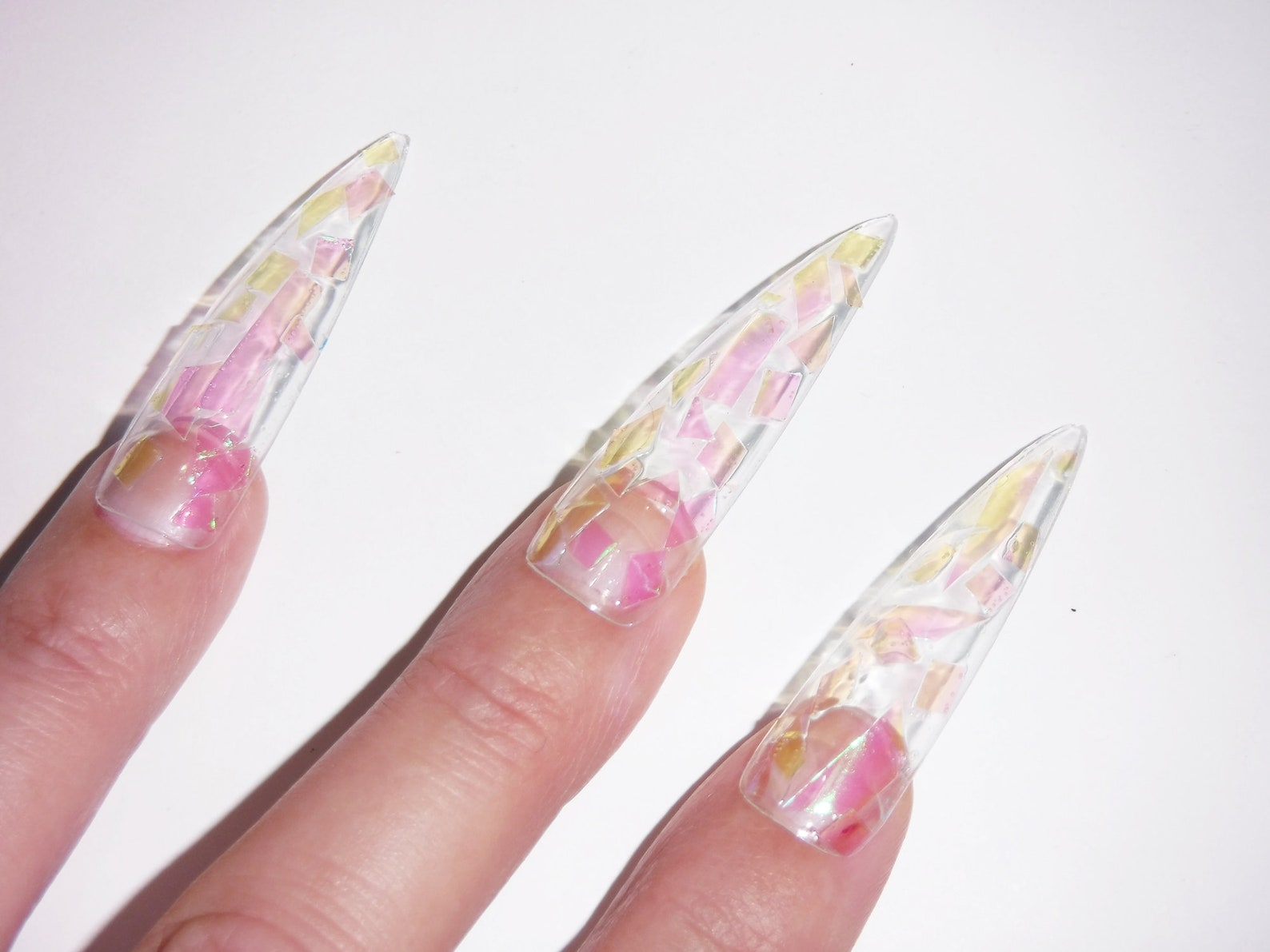 Shattered glass fake nails opal stiletto false nails | Etsy