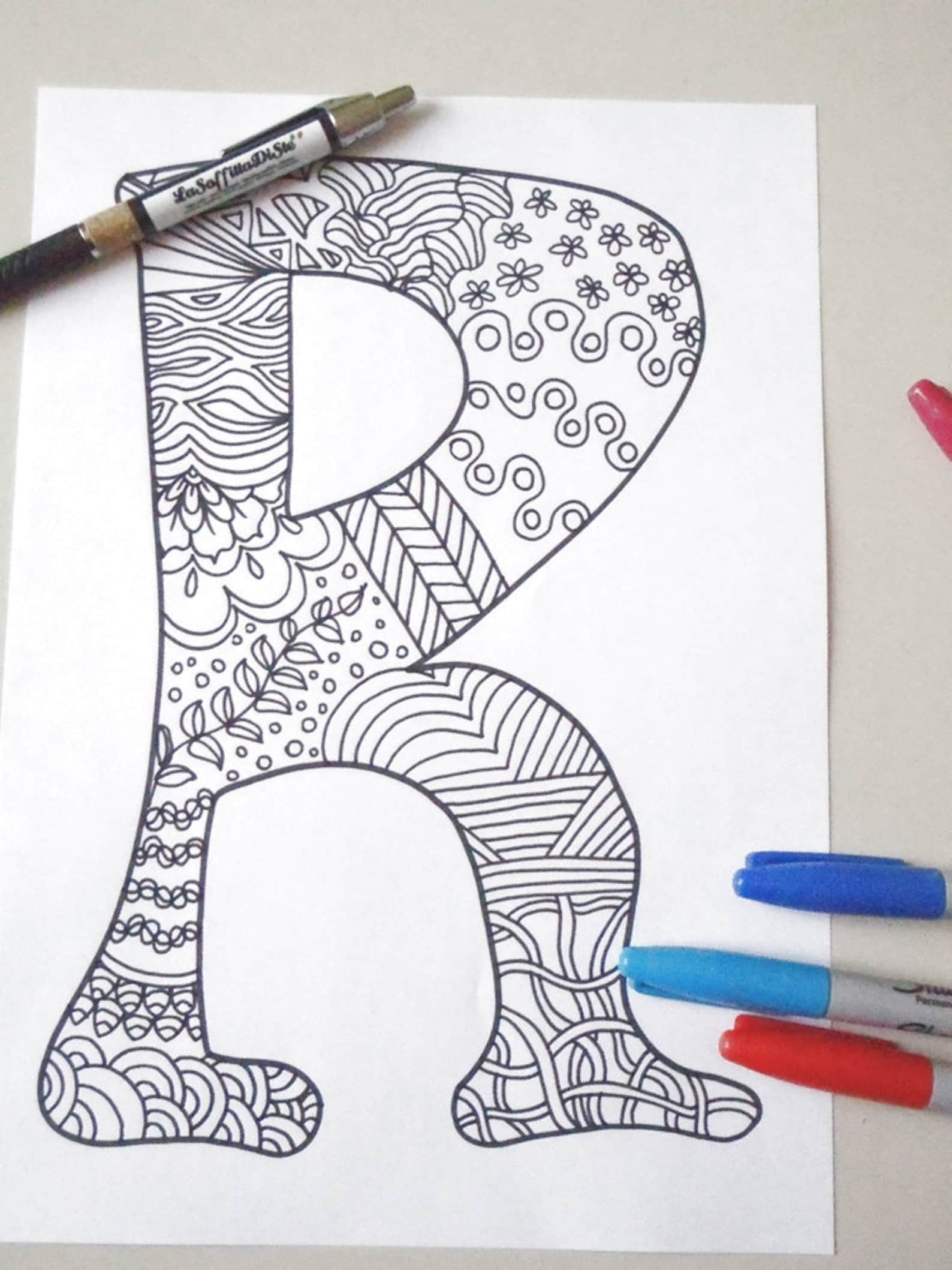 R Letter Colouring Alphabet Zentangle Kids Doodle Zen Adult - Etsy
