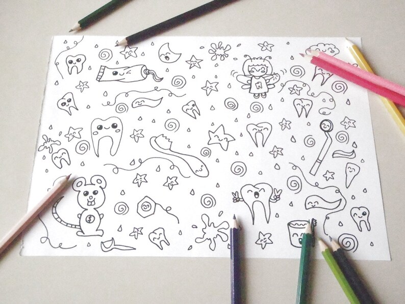 Teeth tooth fairy dentist kawaii chibi kids coloring kawaii | Etsy