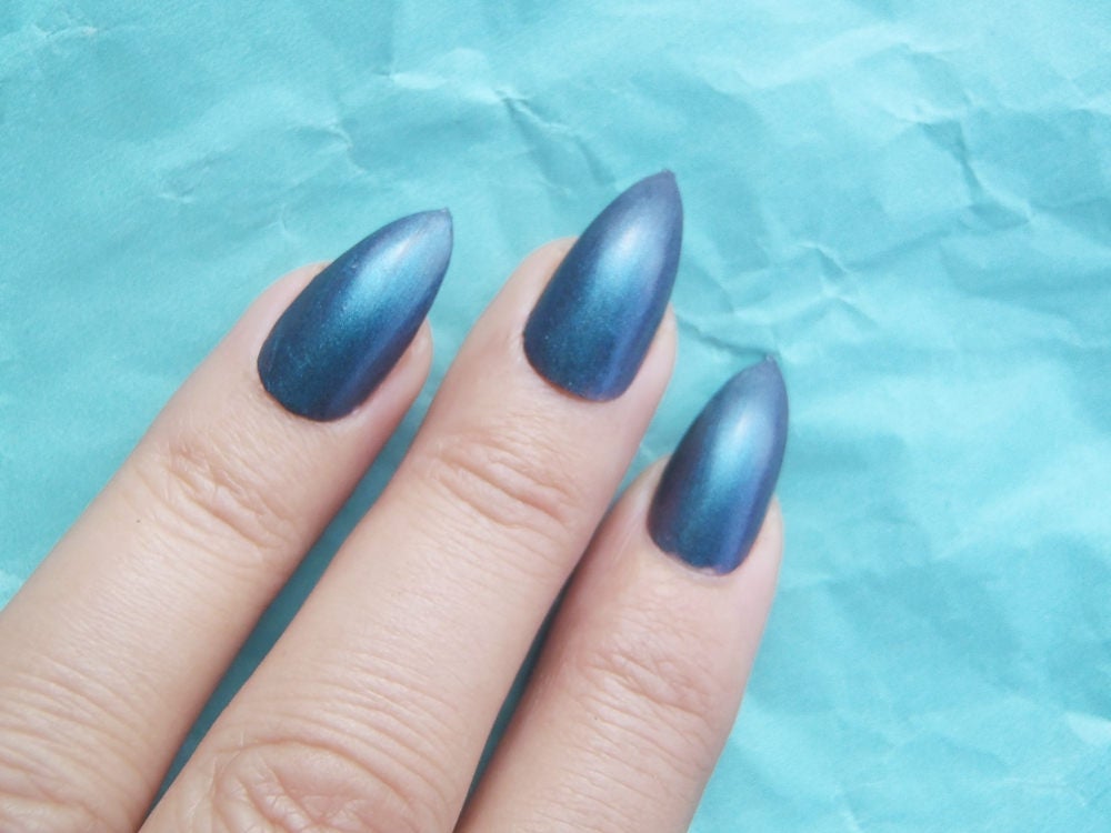 Blue Fake Nails Stiletto Nails Glue on Matt Metallic Nail - Etsy