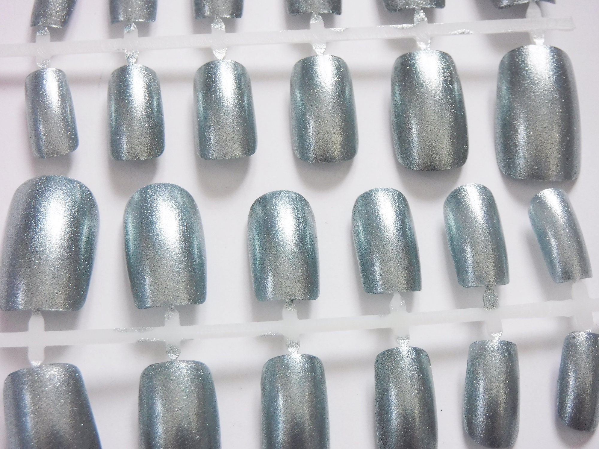 Blue silver fake nails false nail art metallized | Etsy