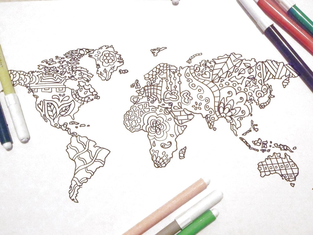 World Travel Map Kids Adult Coloring Book Page Instant Download Globe ...