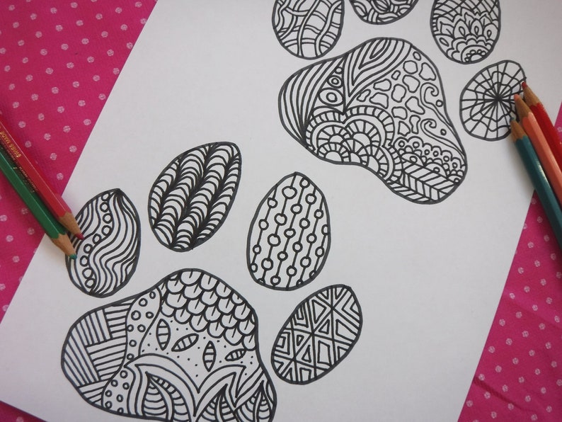 Paw prints printable coloring page doodles zen therapy art | Etsy