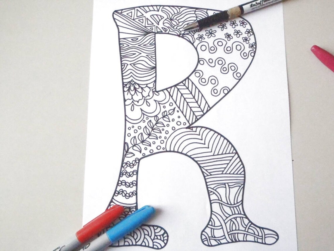 R Letter Colouring Alphabet Zentangle Kids Doodle Zen Adult - Etsy