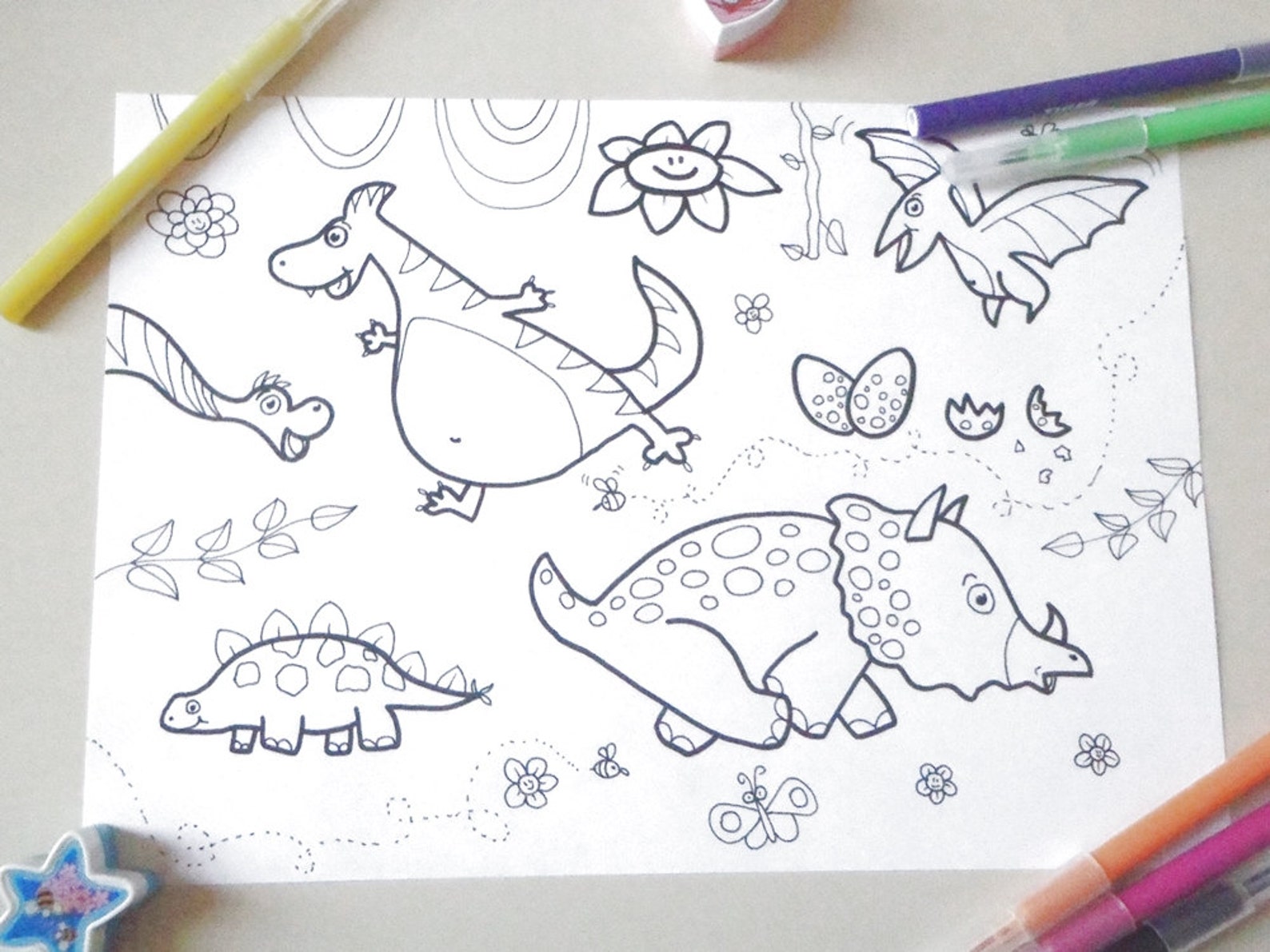 Dinosaurs Kids Coloring Dino Children Funny Nice Cute Animals | Etsy