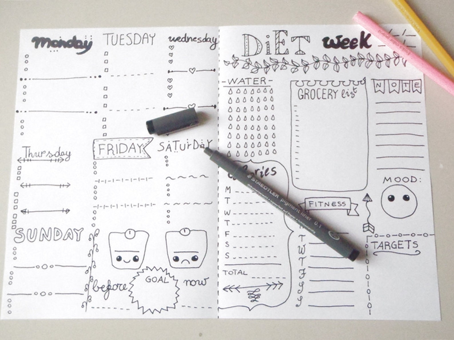 diet-bullet-journal-weekly-printable-daily-planner-agenda-bujo-etsy