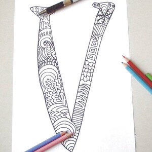 Letter V Coloring Alphabet Zentangle Initial V Adult Coloring Lettering ...