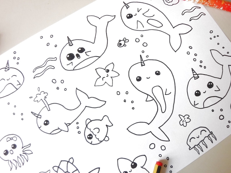 Narwhals Kids Coloring Page Sea Kawaii Narwhales Download - Etsy