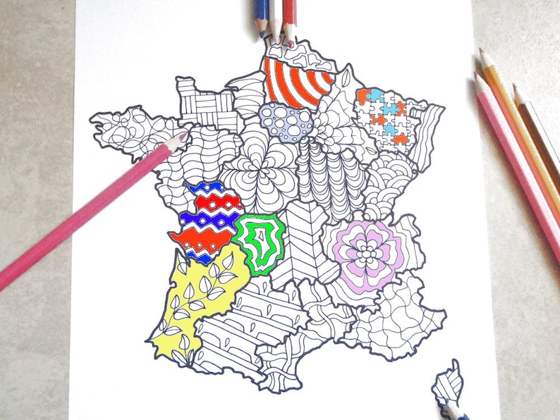 France Coloring Map Kids Adult Doodle - Etsy