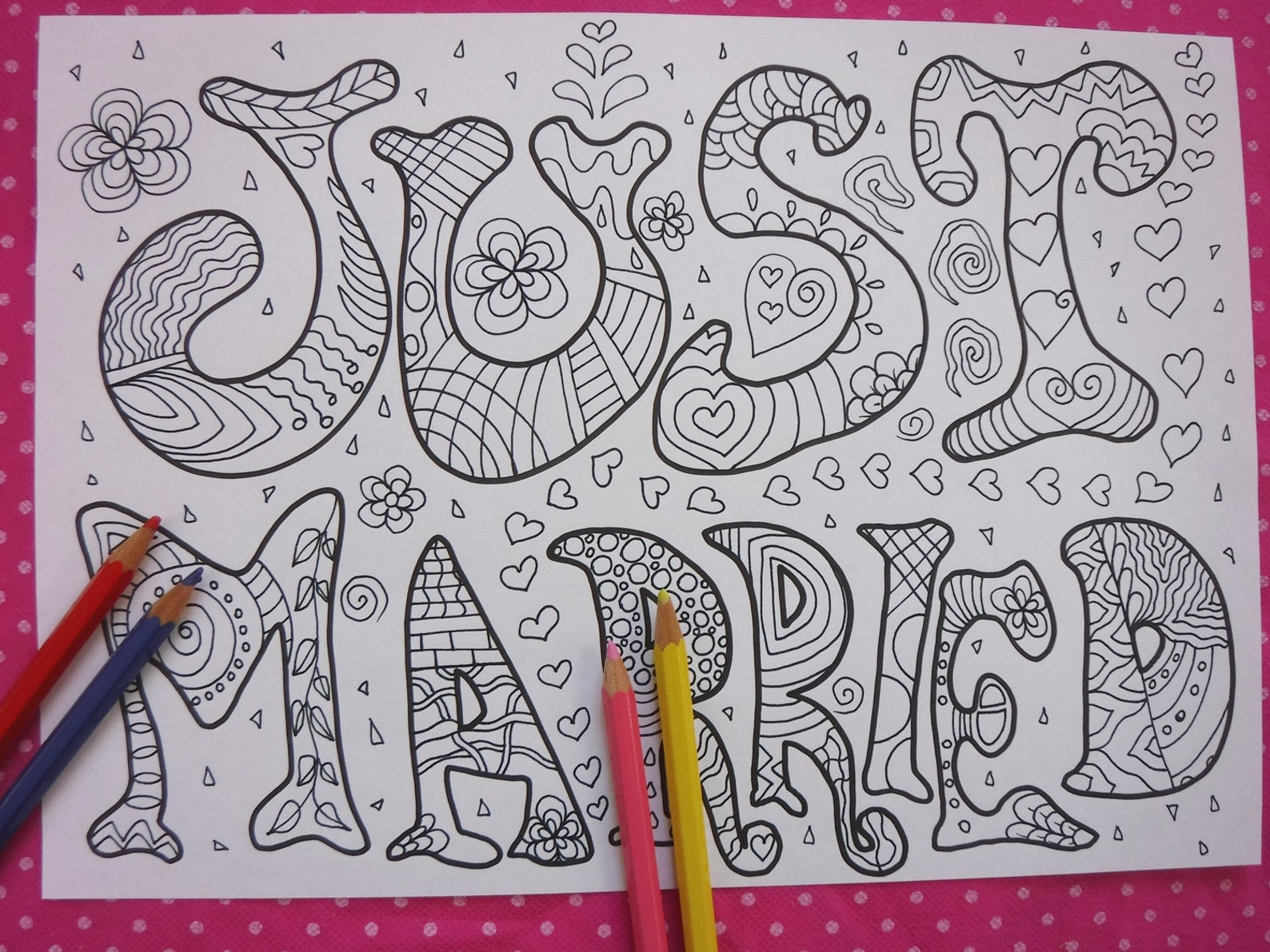 Just Married Coloring Card Wedding Groom Bride Page Scrapbook Colouring ...