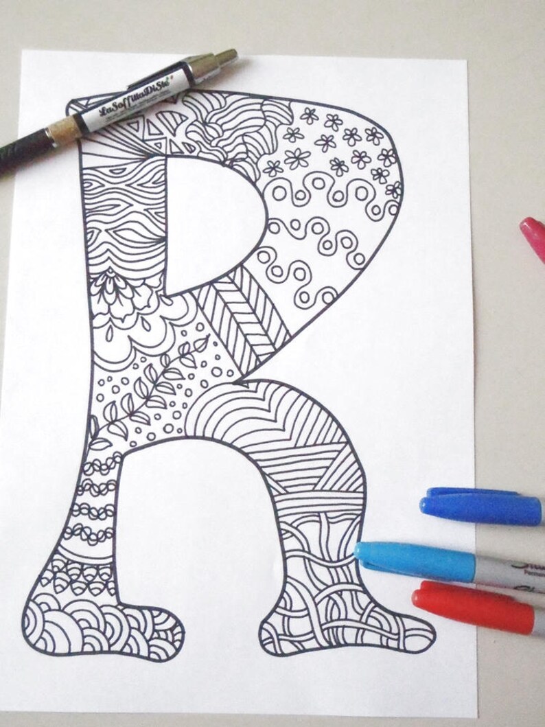 R Letter Colouring Alphabet Zentangle Kids Doodle Zen Adult - Etsy
