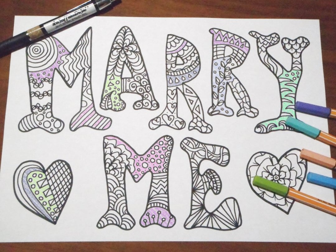 Marry Me Coloring Card Wedding Proposal Groom Bride Scrapbook Colouring ...