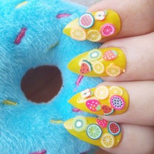 Yellow 3d Fimo Fruit Press on Full Fake Nails Stiletto False Nail Art ...