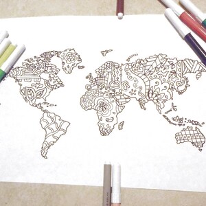 World Travel Map Kids Adult Coloring Book Page Instant Download Globe ...