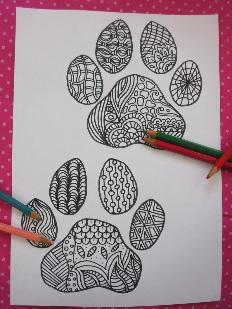 Paw prints printable coloring page doodles zen therapy art | Etsy