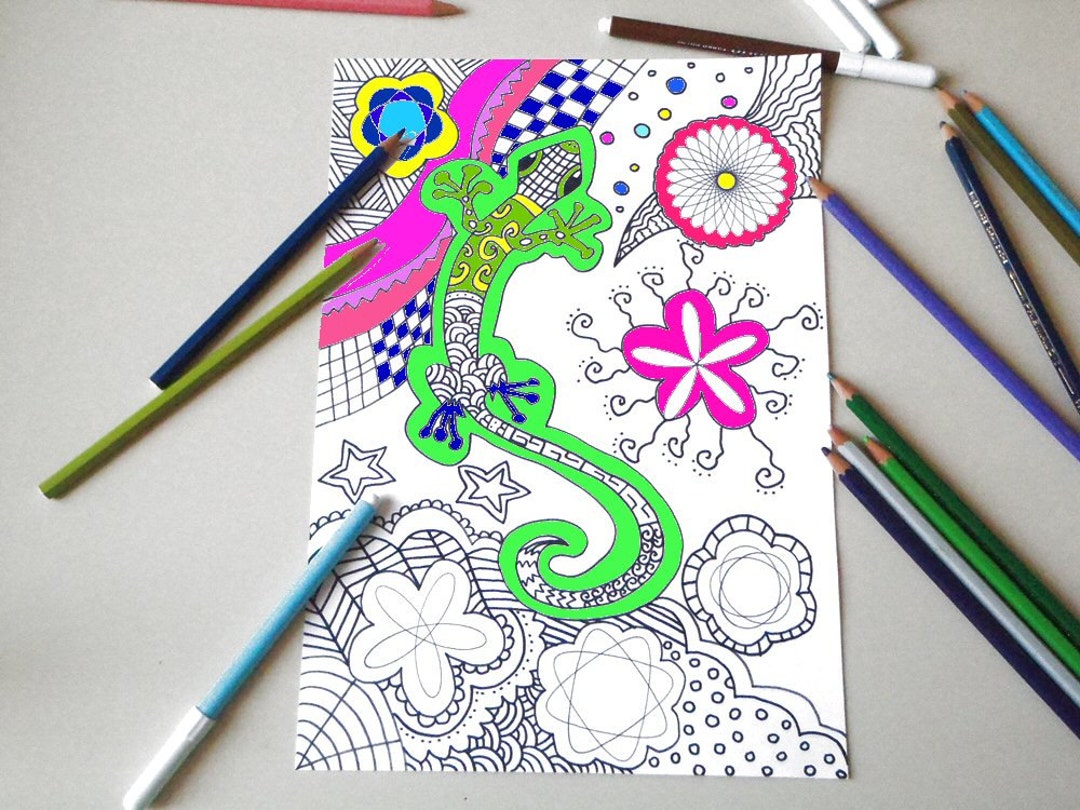 Gecko, Adult Coloring Page Lizard Salamander Lasoffittadiste - Etsy