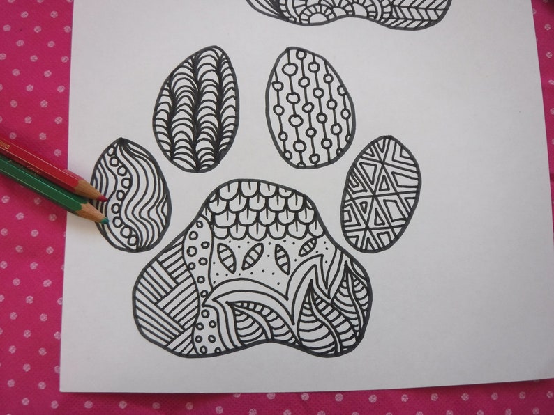 Paw prints printable coloring page doodles zen therapy art | Etsy