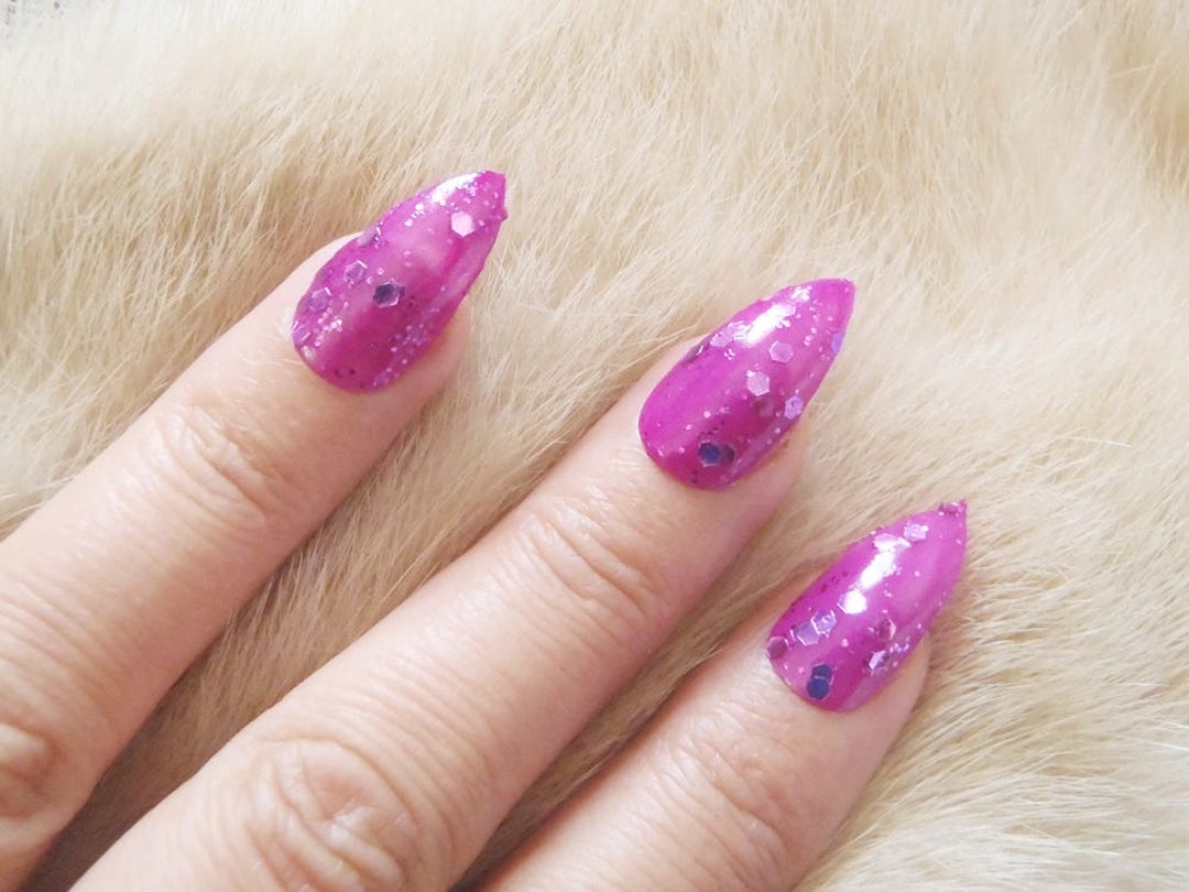 Purple Stiletto Fake Nails Violet Glitter Sequin Almond - Etsy