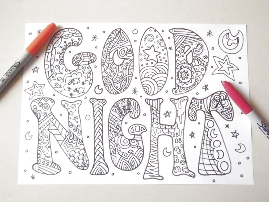 Goodnight coloring book page kids good night insomnia therapy | Etsy