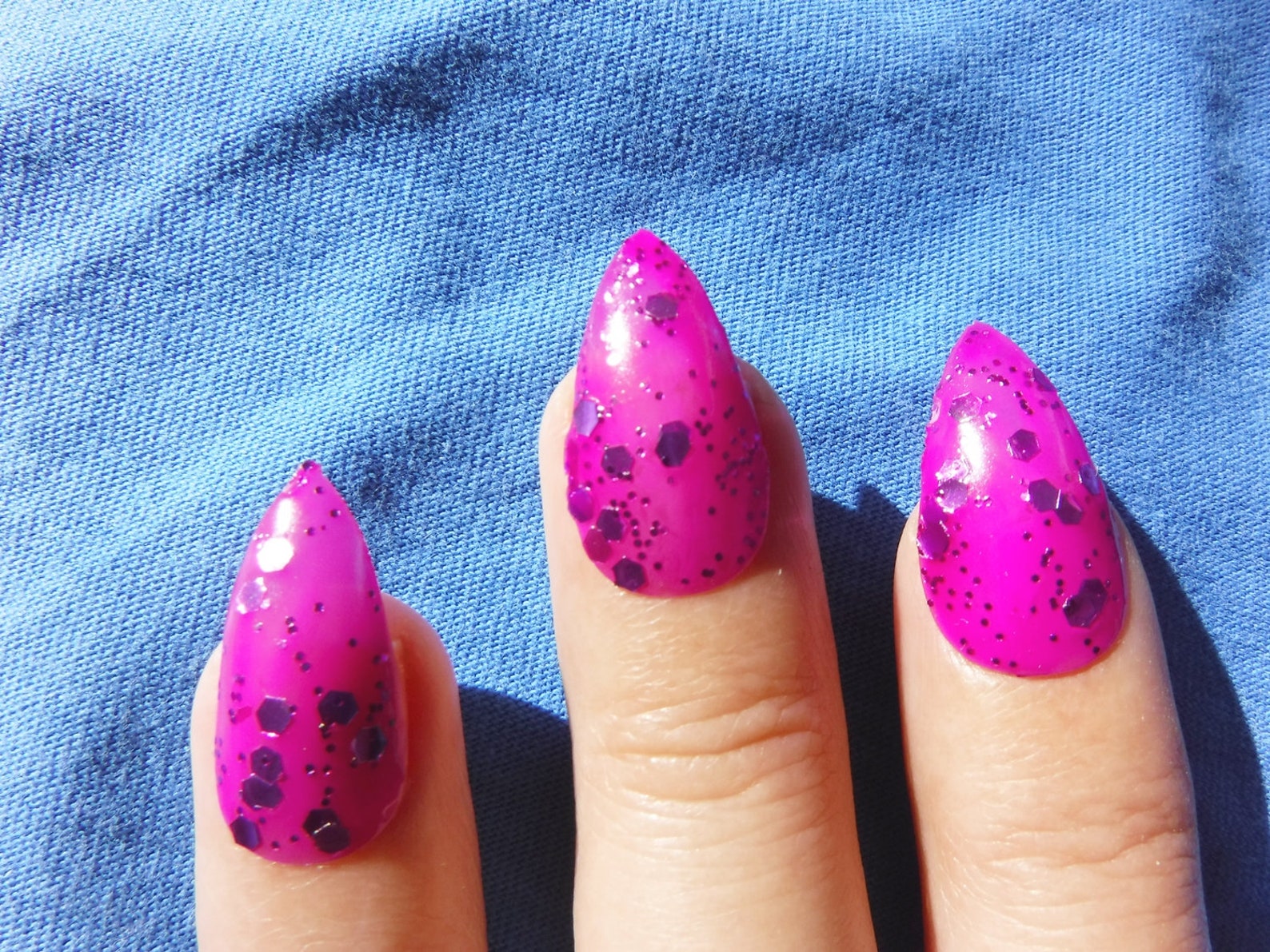 Purple Stiletto Fake Nails Violet Glitter Sequin Almond | Etsy