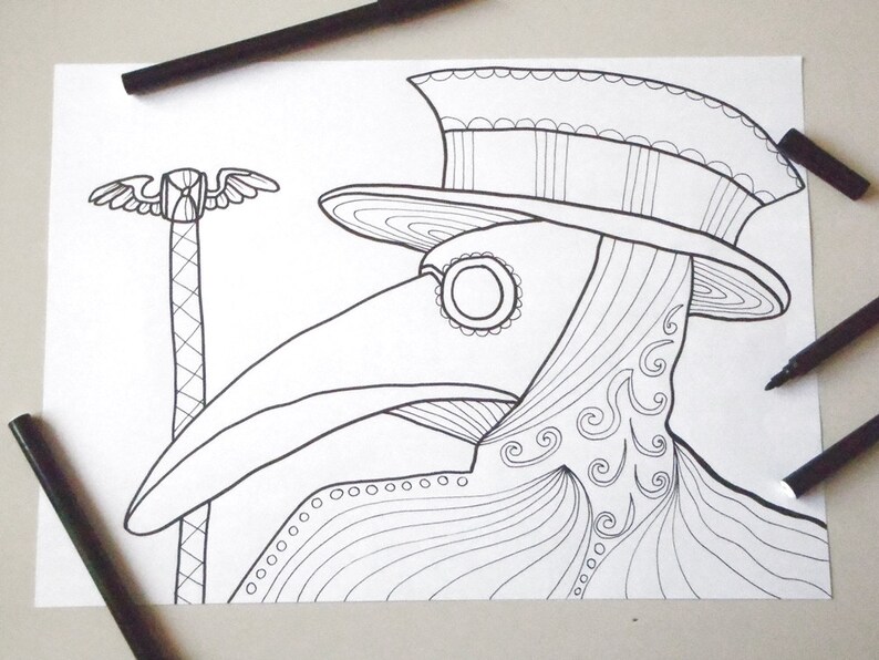 Halloween Plague Doctor Mask Coloring Page Adults Horror Goth Download ...