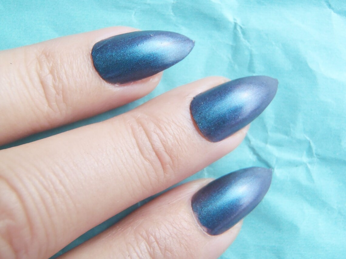 Blue Fake Nails Stiletto Nails Glue on Matt Metallic Nail | Etsy