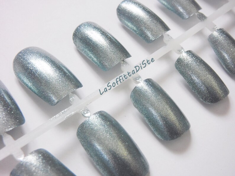 Blue Silver Fake Nails False Nail Art Metallized | Etsy