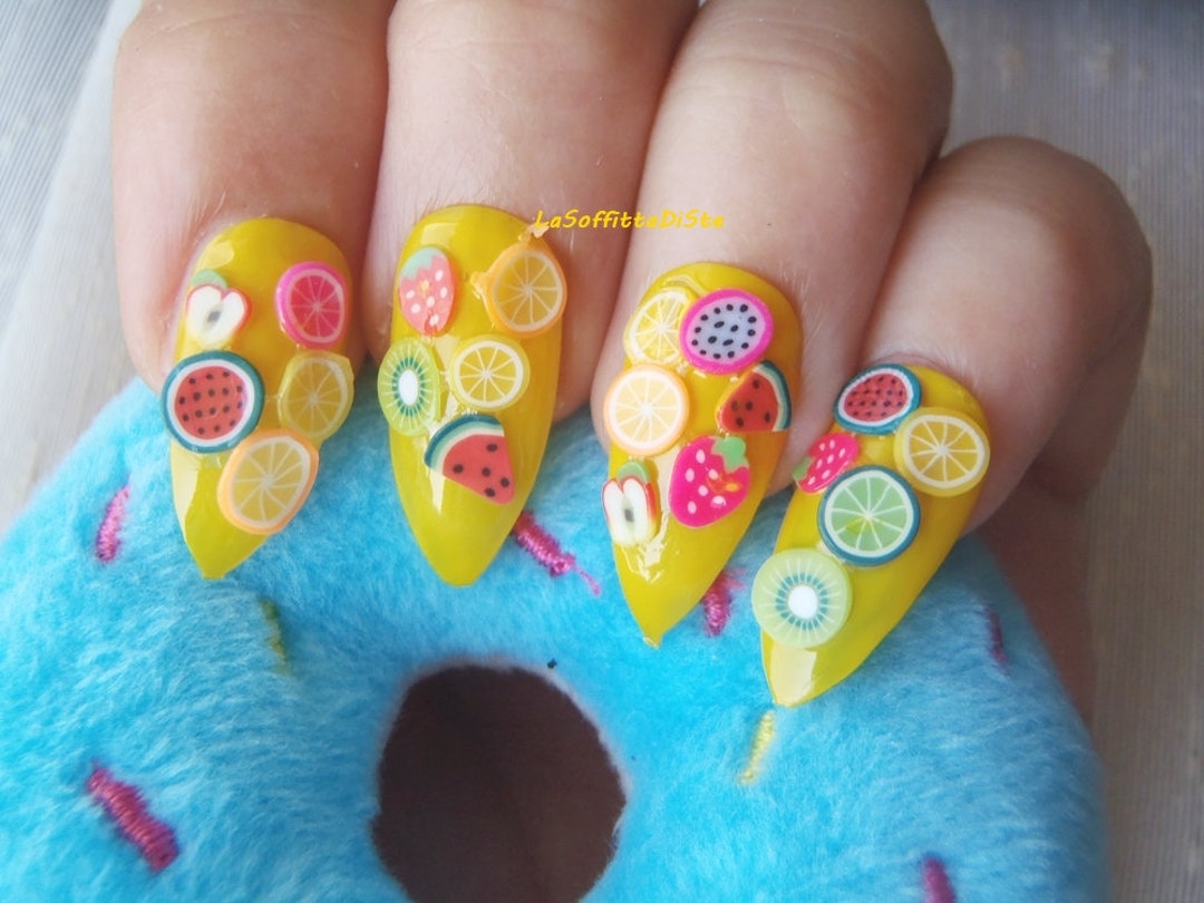 Yellow 3d Fimo Fruit Press on Full Fake Nails Stiletto False Nail Art ...