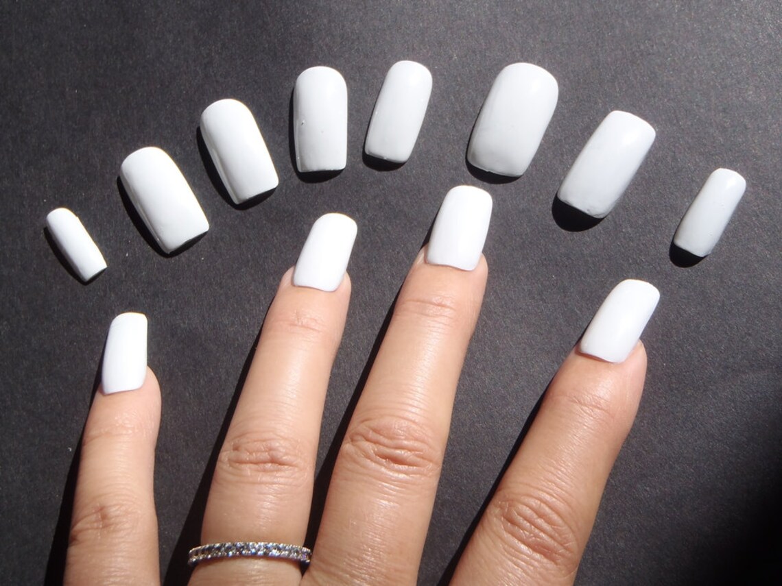 Fake nails white glossy false nail art wedding press on | Etsy