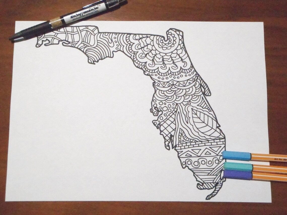 Florida Coloring Map Usa America Zentangle Book Planner | Etsy