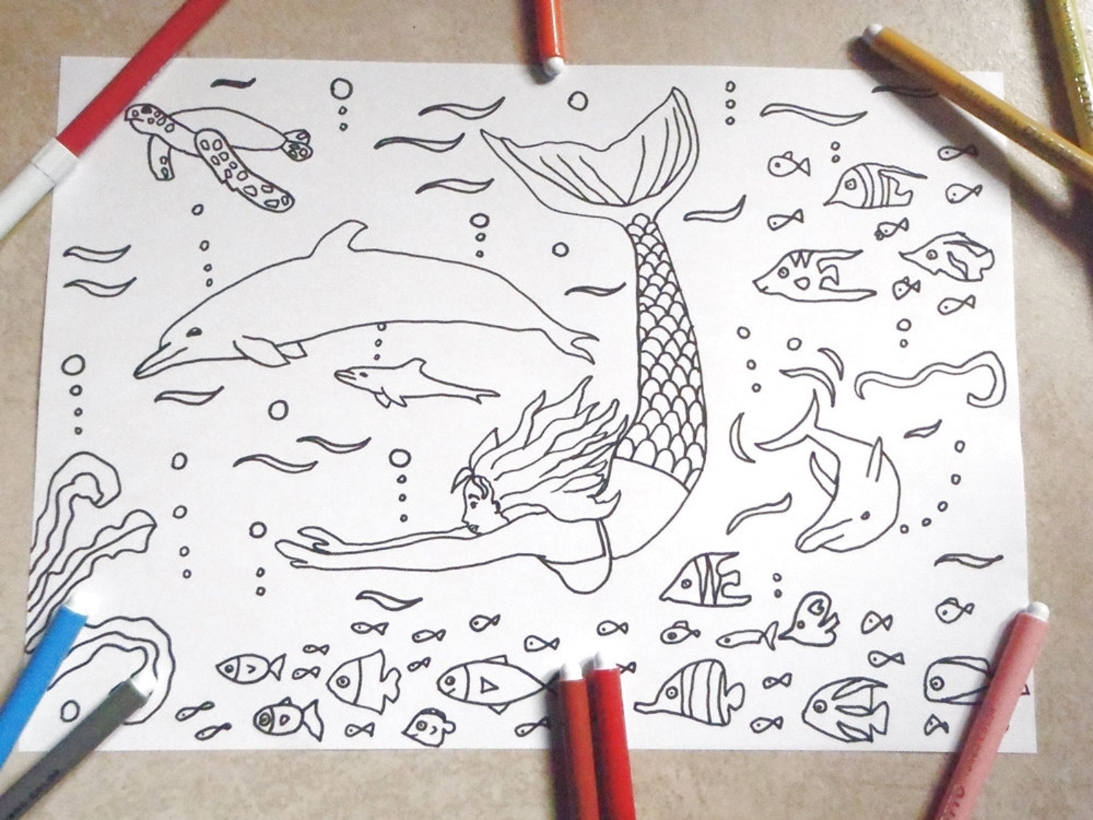 Mermaid Dolphins Kids Coloring Page Sea Fishes Download | Etsy