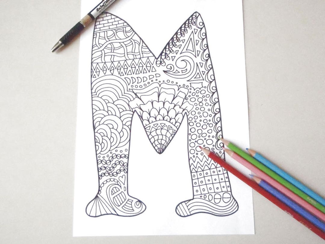 Monogram M to Colour Coloring Page Alphabet M Kids Adult Lettering ...