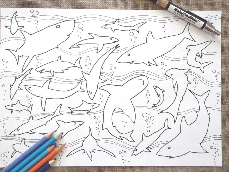 Sharks coloring adults colouring sea ocean under the sea sub | Etsy