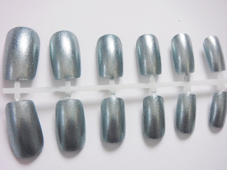 Blue Silver Fake Nails False Nail Art Metallized | Etsy