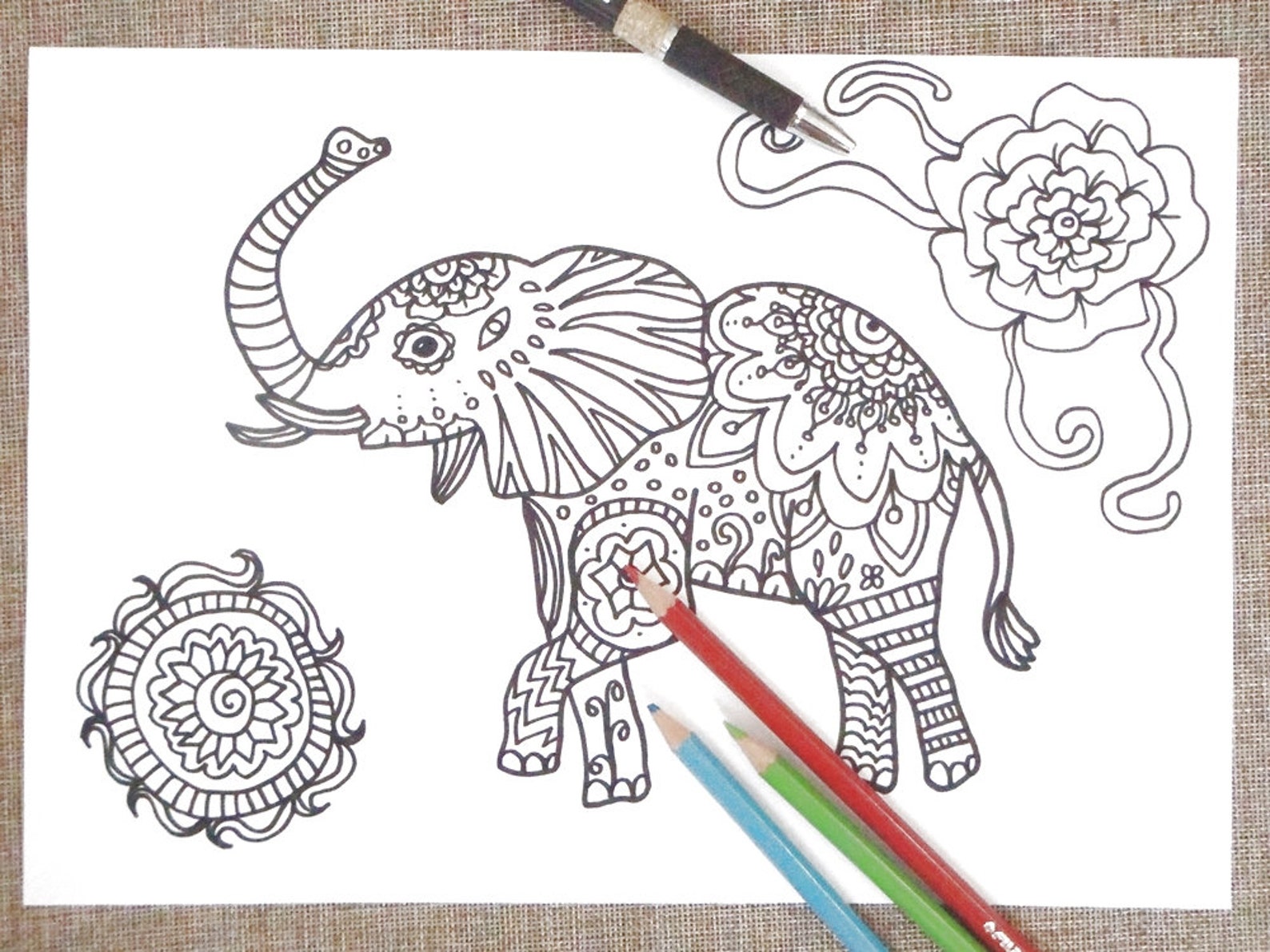 Elephant Coloring Page Adult Animal Totem Yoga Zen Therapy - Etsy
