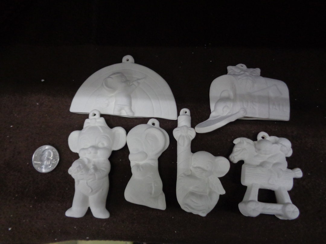 6 Ceramic Bisque Alberta Mouse Mice Ornaments Lot: Mailbox, Wooden ...