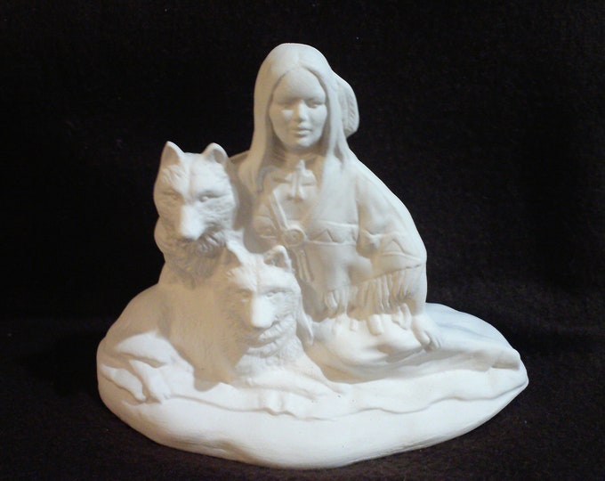 Ceramic Bisque Indian Native American Woman With 2 Wolves - Ready to ...