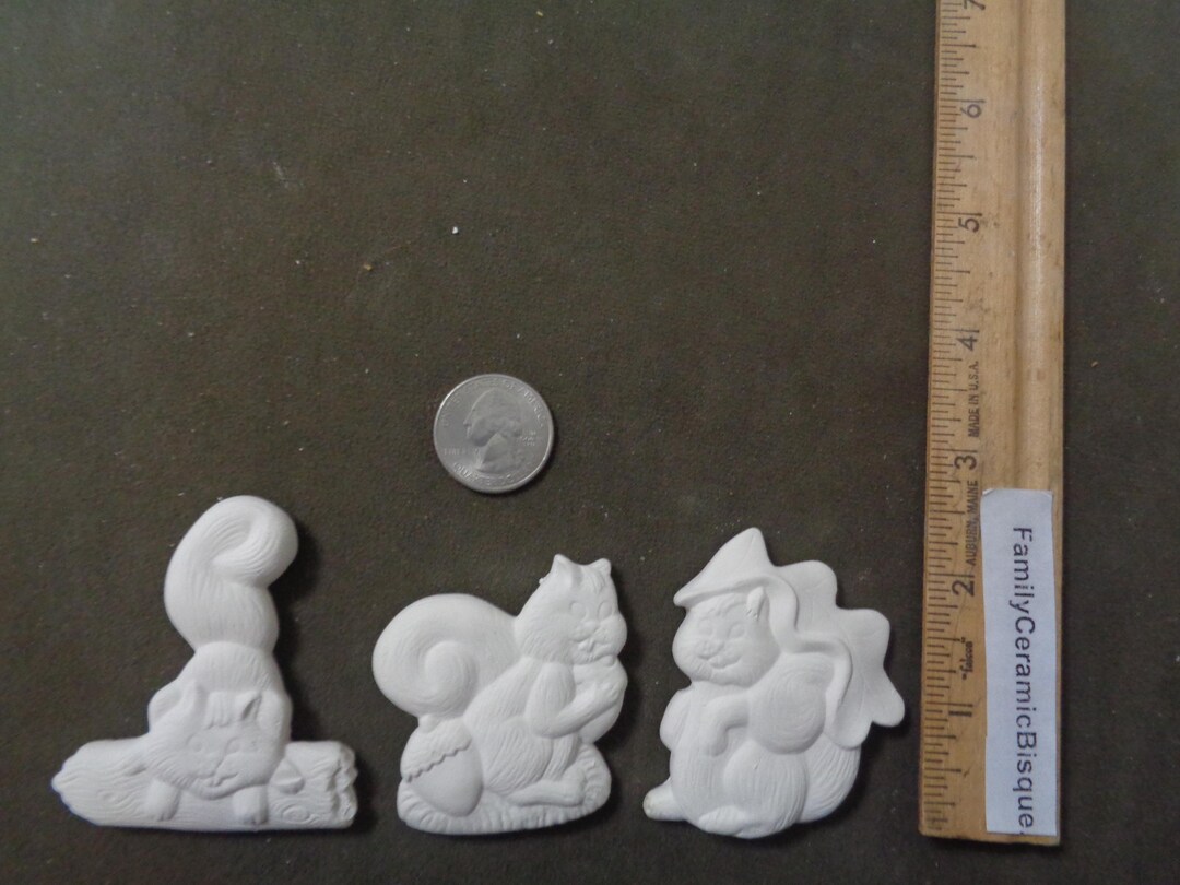3 Ceramic Bisque 2" - 2.5" Tall Squirrel Magnets - Flat Back - Metal ...