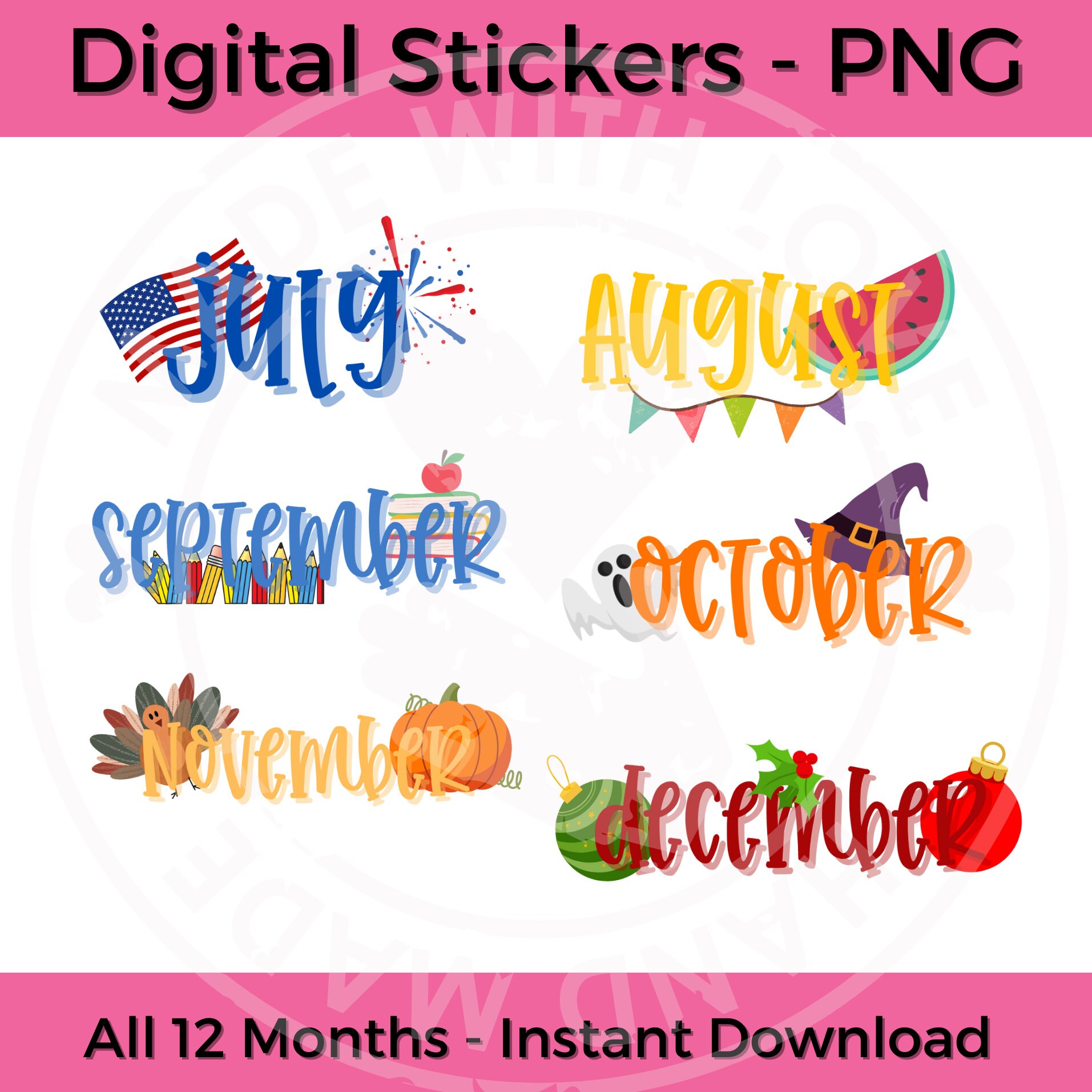 Monthly Themed Stickers: 12 Months, Days of the Week (digital Download ...