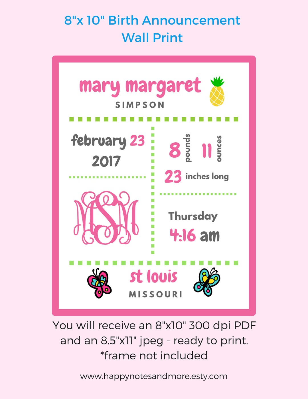 Monogrammed Birth Announcement Printable: Pineapple Nursery Wall Art ...