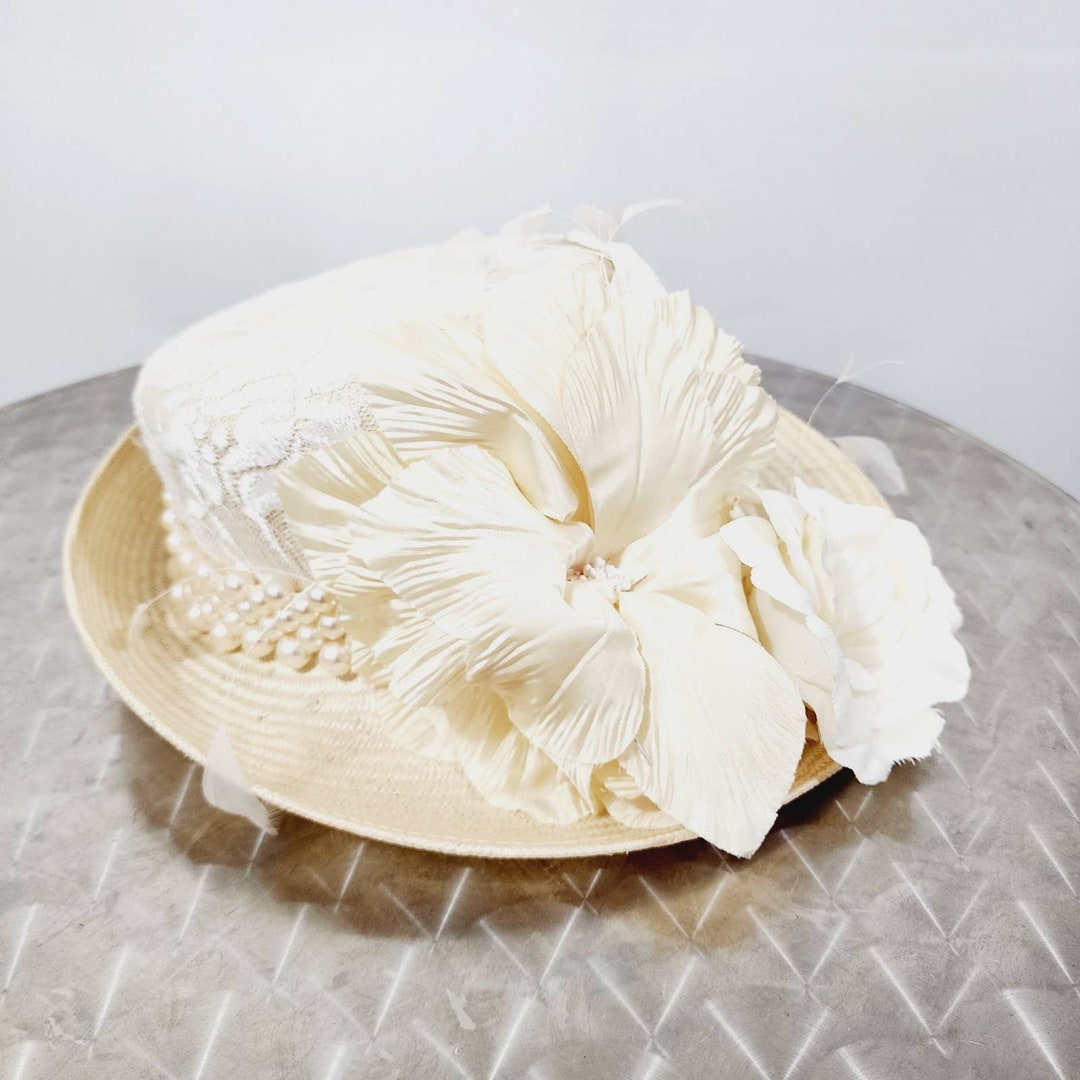 Whittal & Shon Cream Straw Lace Pearl Floral Flower Hat Kentucky Derby ...