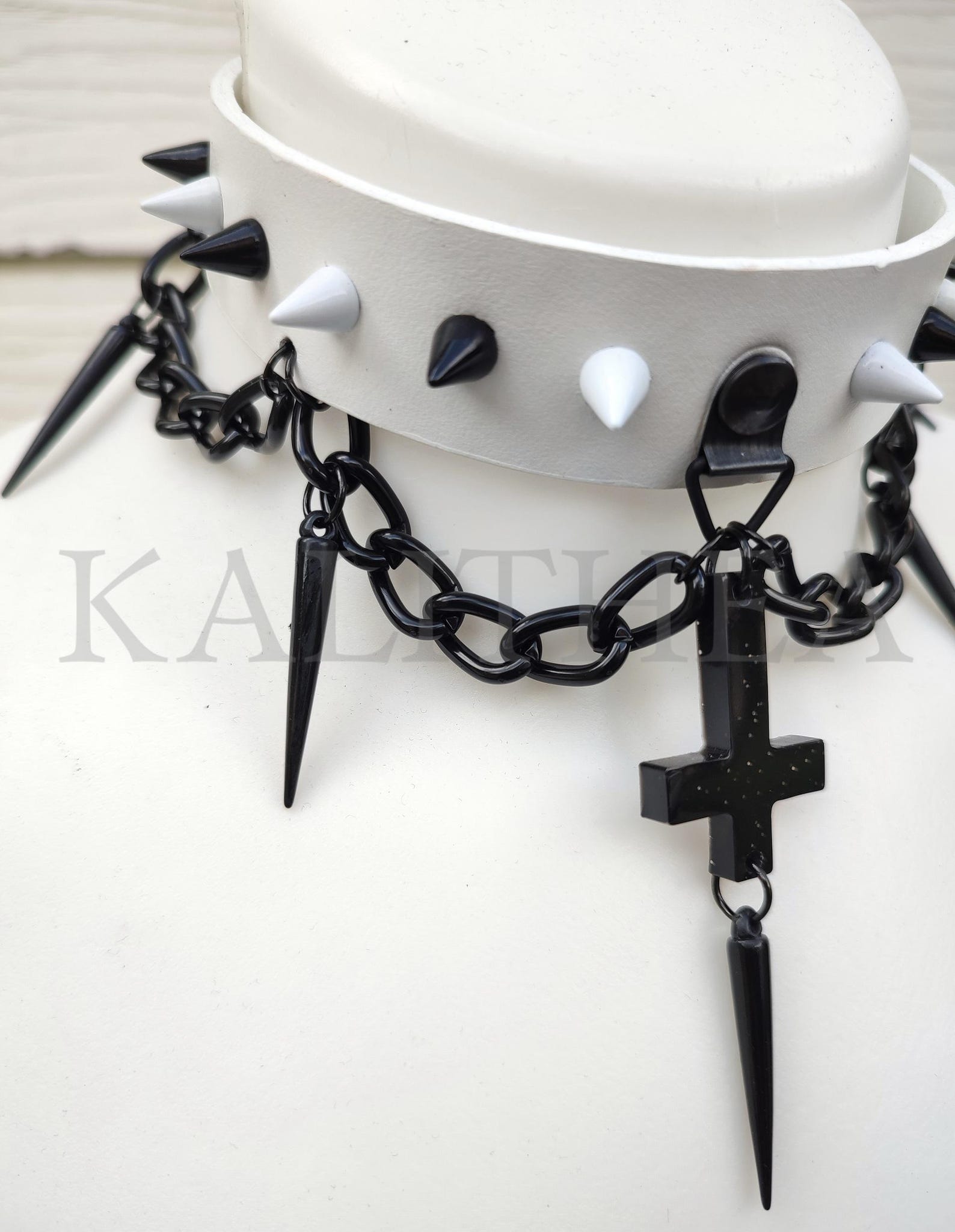 White Leather Choker - Inverted Cross Collar With Chains - Etsy