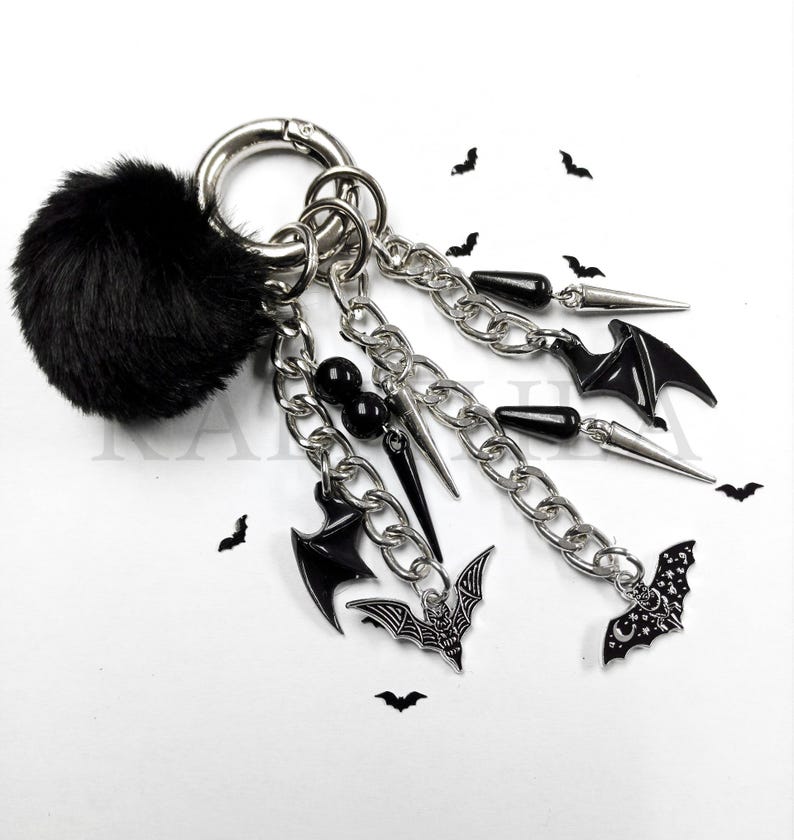 Halloween Bat Keychain With Black Fluffy Pompom - Gothic Bag Charms - Etsy