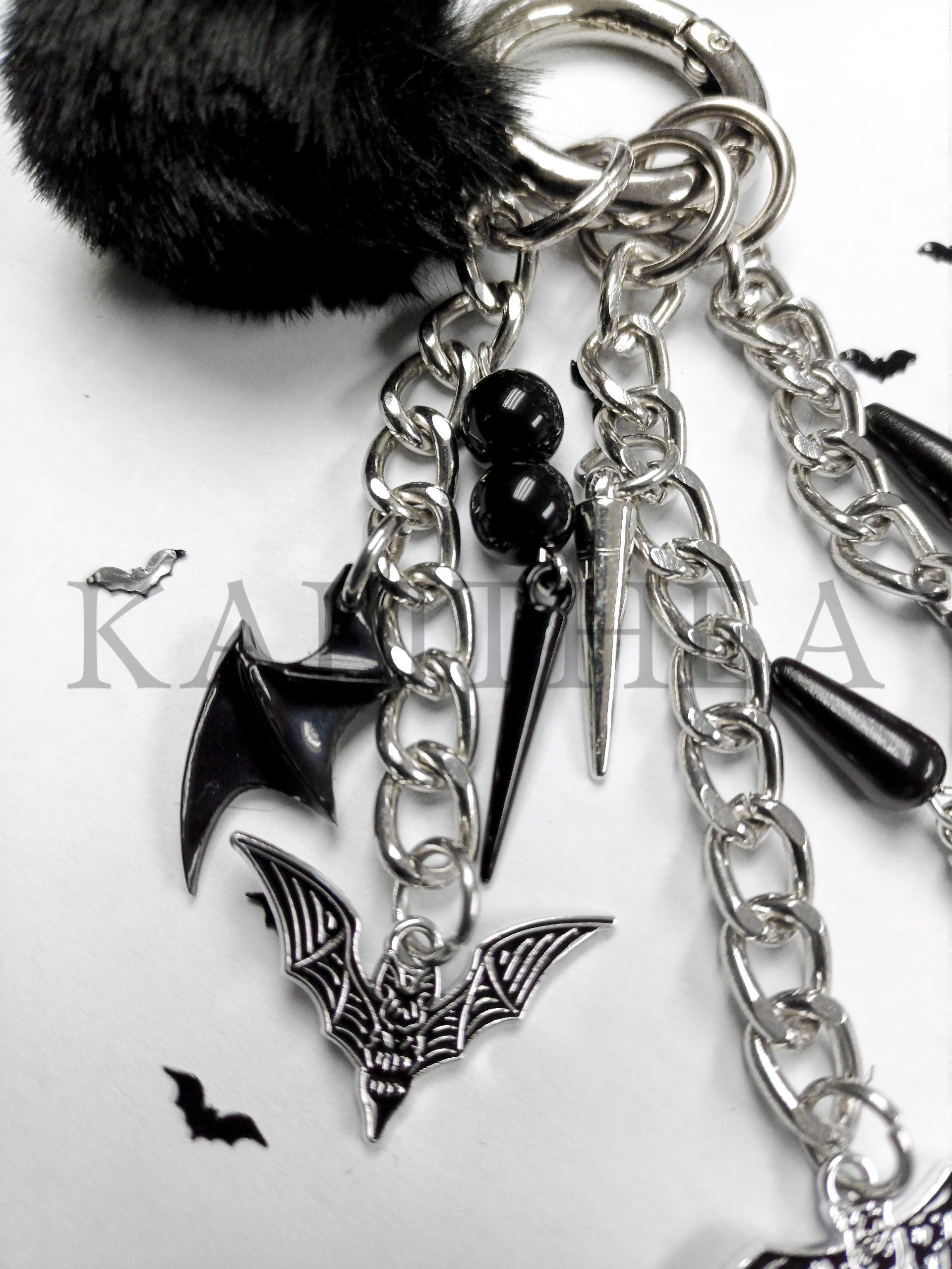 Halloween Bat Keychain With Black Fluffy Pompom - Gothic Bag Charms - Etsy