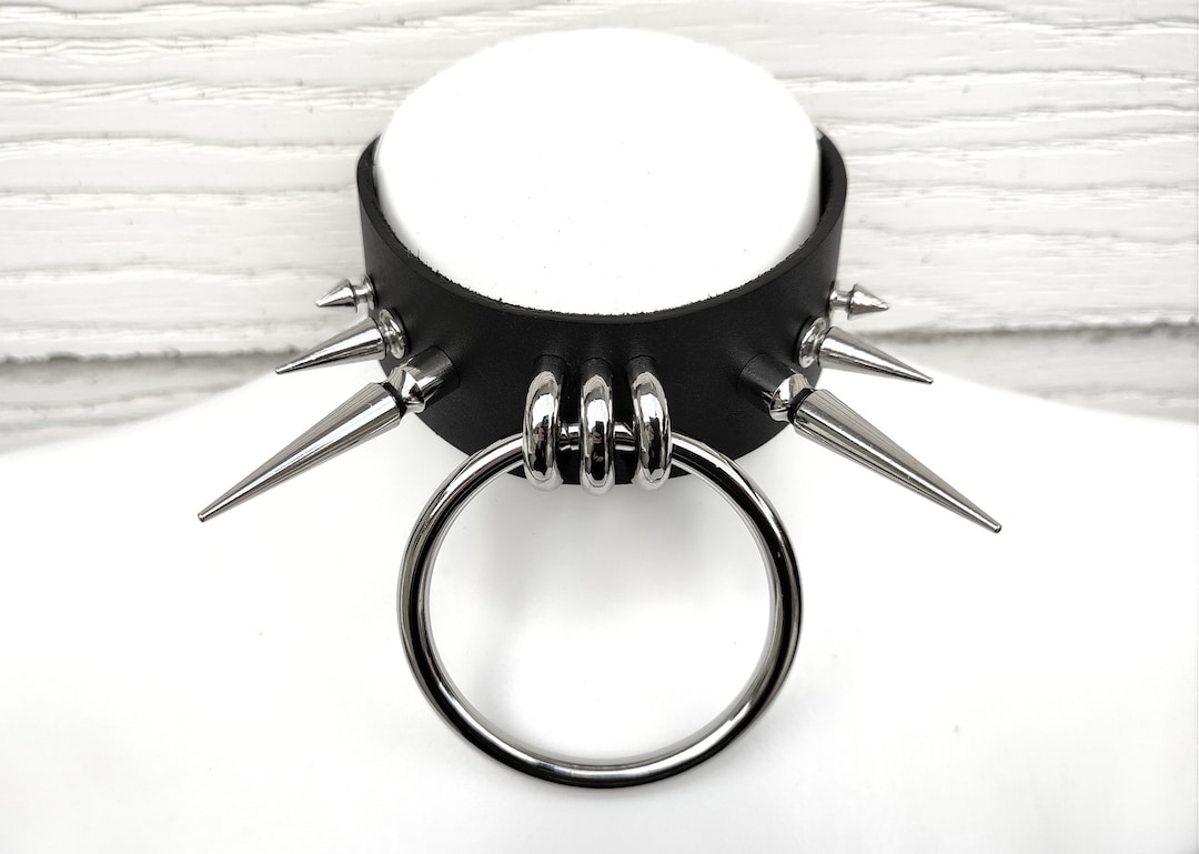 Statement Leather Choker With Large Spikes and Ring - Black Metal Spike ...
