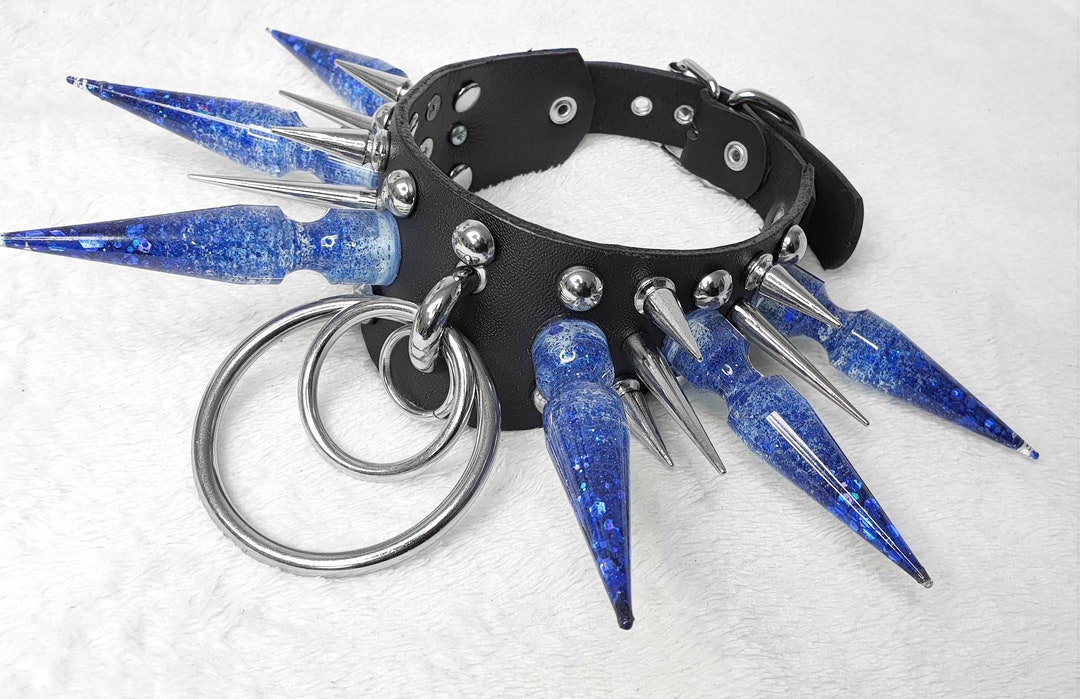 Leather "hysteria Blue" Large Spikes Choker - Etsy