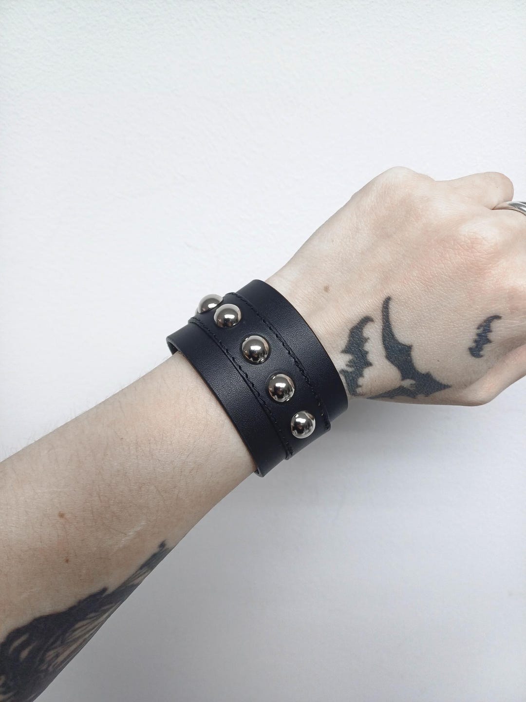 Gothic Black Leather Studded Bracelet - Punk Rock Wide Cuff - Etsy