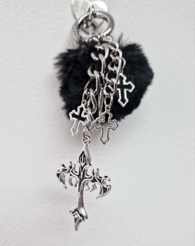 Gothic Black Pom Pom Keychain: Cross Charm Y2K Bag Accessory - Etsy