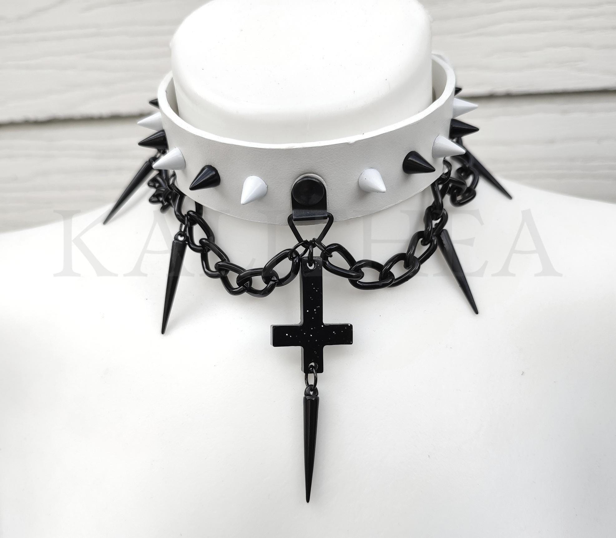 White Leather Choker - Inverted Cross Collar With Chains - Etsy
