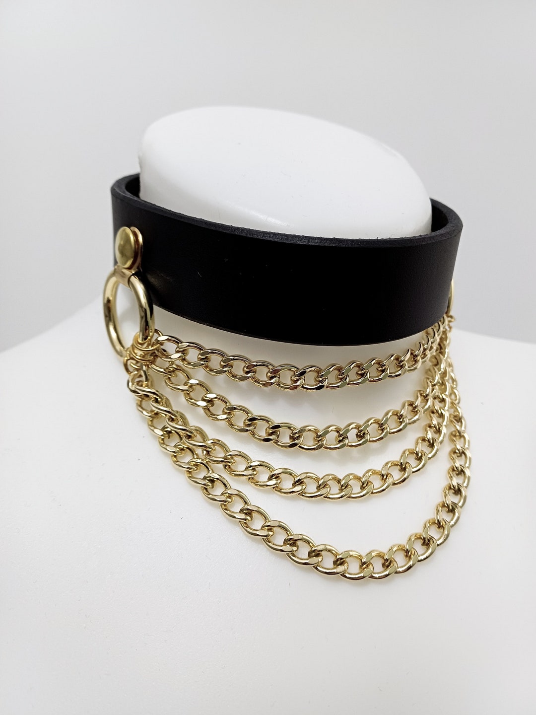 Black Leather Grunge Goth Choker - Collar With Golden Color Chains - Etsy